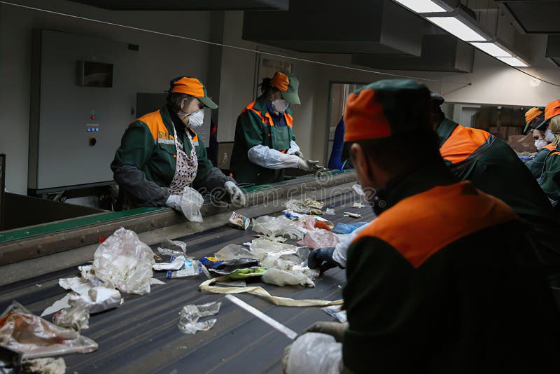 Conveyor for Sorting Garbage Waste by People. Garbage Processing ...