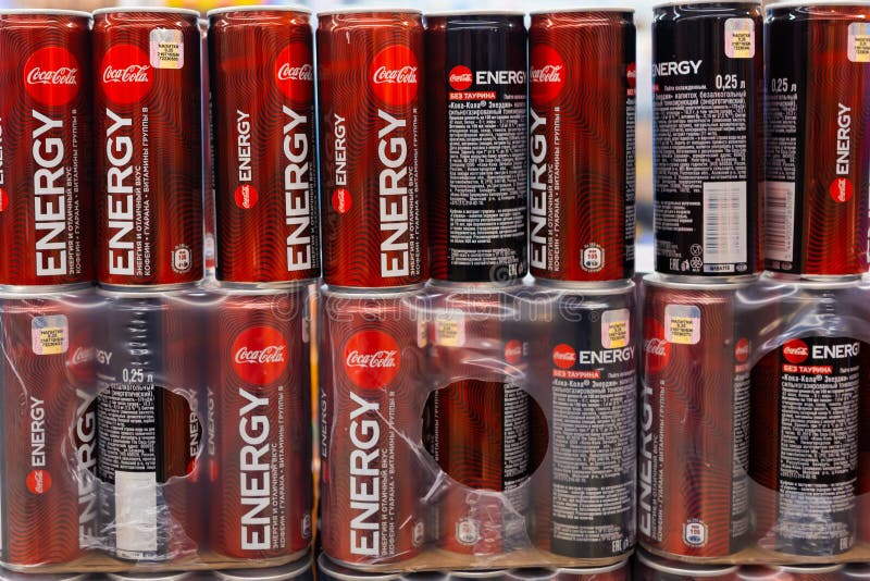 Energy drinks in the store editorial photo. Image of logo - 178554621