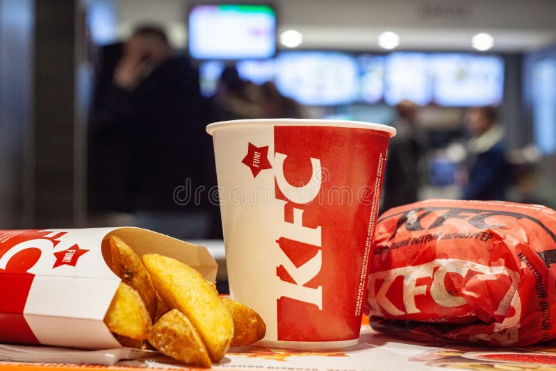 Minsk, Belarus, March 22, 2019: Lunch from Burger, Potatoes and Drink ...