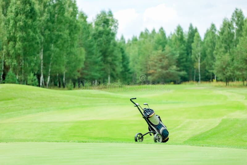 Minsk. Belarus - 21.08.2021 - Push-Pull Golf Carts. Green Grass, Trees ...