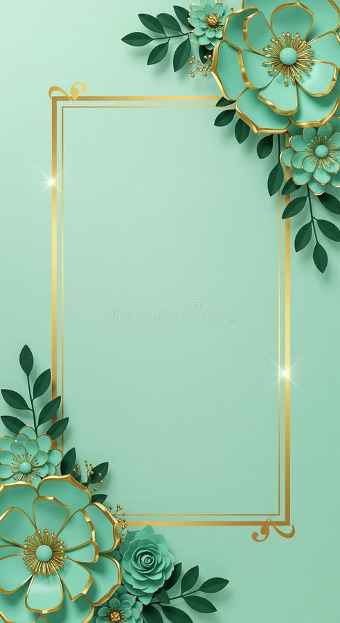 Mint Background with Golden Frame and Floral Decorations on the Sides ...