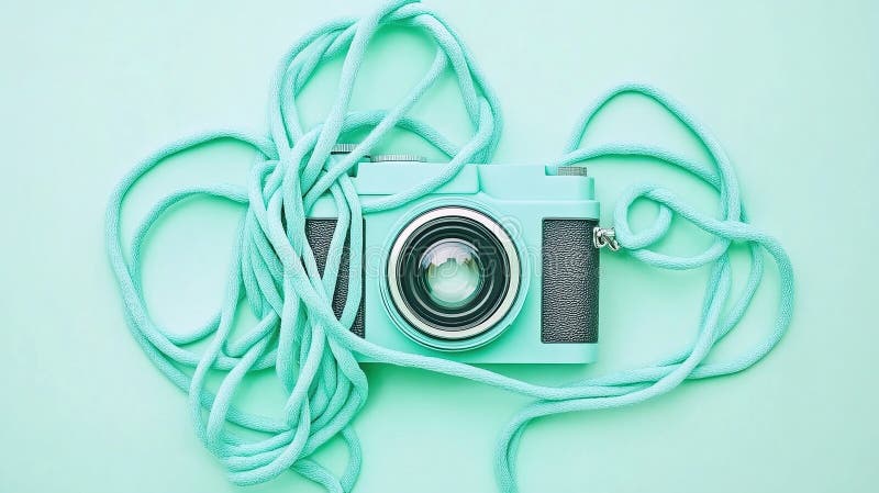 Mint Camera, Tangled Strap, Pastel Background, Travel Photography Stock ...