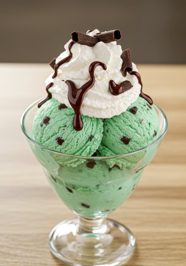 Mint Chocolate Chip Ice Cream Sundae with Whipped Cream Stock Image ...