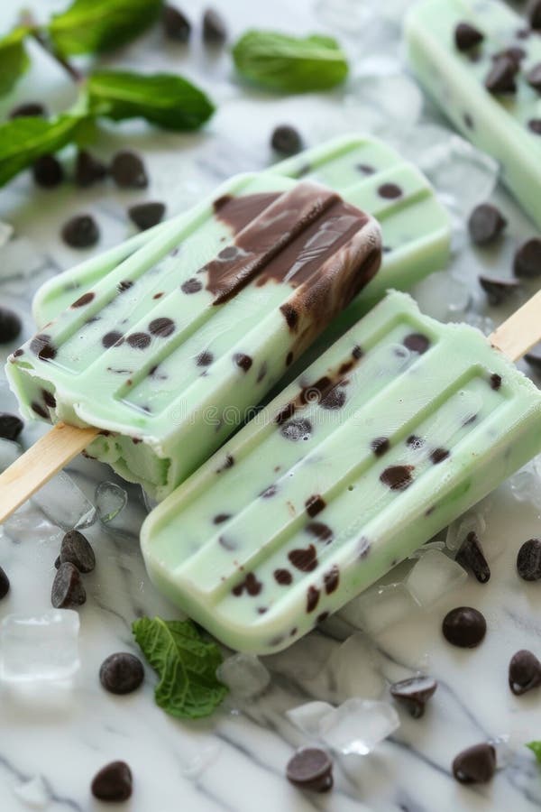 Mint Chocolate Chip Popsicles on Marble Background. Mint Chocolate Chip ...