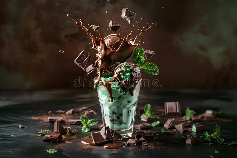 Mint Chocolate Ice Cream Explosion in a Glass Stock Illustration ...