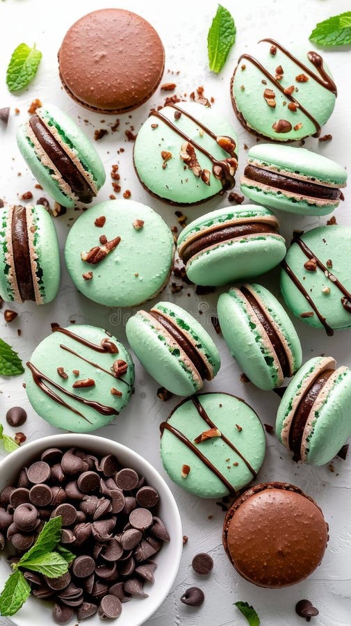 Mint Chocolate Macarons with Fresh Mint and Chocolate Chips on White ...