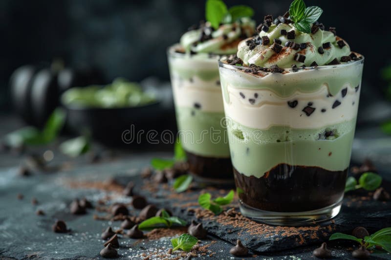 Mint Chocolate Parfait Dessert in Glasses with Fresh Mint Garnish on ...