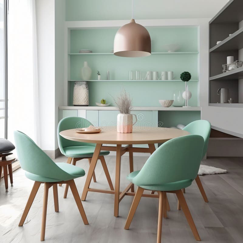Mint Color Chairs at Round Wooden Dining Table, Home Interior Design ...