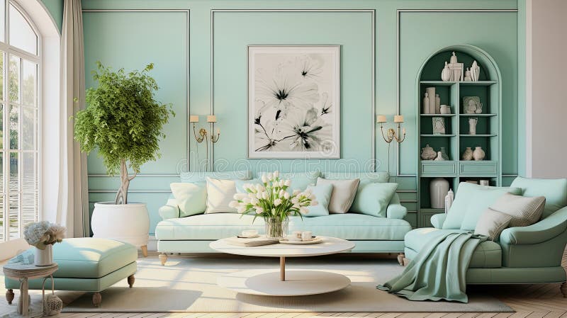 Mint Colored Living Room Interior Stock Image - Image of generated ...