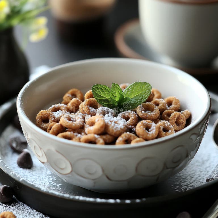 Mint-garnished Breakfast Cereal with Powdered Sugar and Chocolate Chips ...