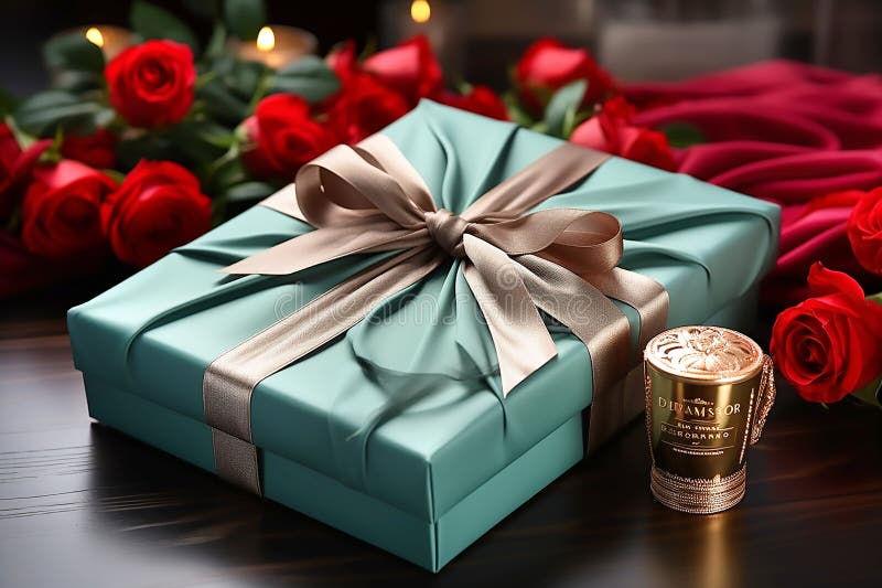 Mint Gift Box with a Silver Bow and Red Roses for Valentine S Day ...