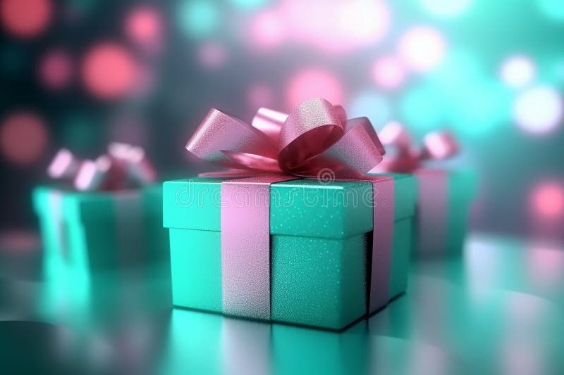 Mint Gift Boxes with Pink Bows on the Background of Bokeh Effect ...