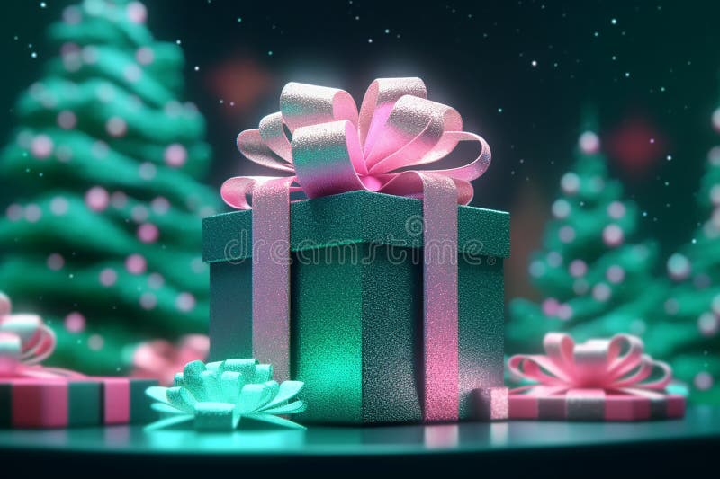Mint Gift Boxes with Pink Bows on the Background of Bokeh Effect ...