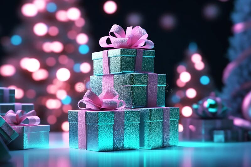 Mint Gift Boxes with Pink Bows on the Background of Bokeh Effect ...