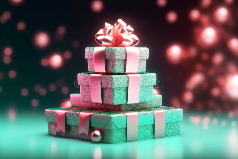 Mint Gift Boxes with Pink Bows on the Background of Bokeh Effect ...