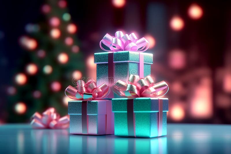 Mint Gift Boxes with Pink Bows on the Background of Bokeh Effect ...