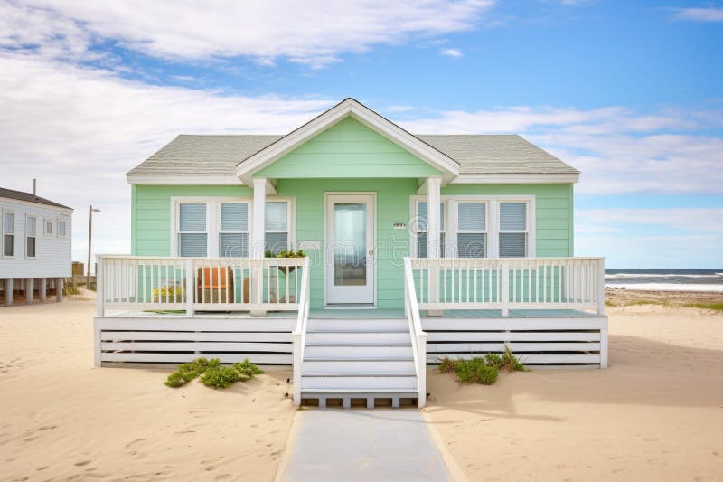 A Mint-green Beach Cottage with Vibrant White Trim Stock Image - Image ...