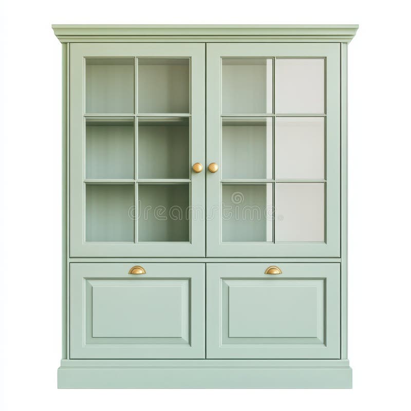 A Mint Green Cabinet with Glass Doors and Shelves for Storage and ...