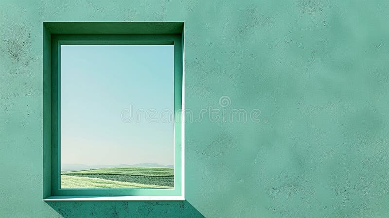 A Tranquil View from a Mint-colored Window into Expansive Green Fields ...
