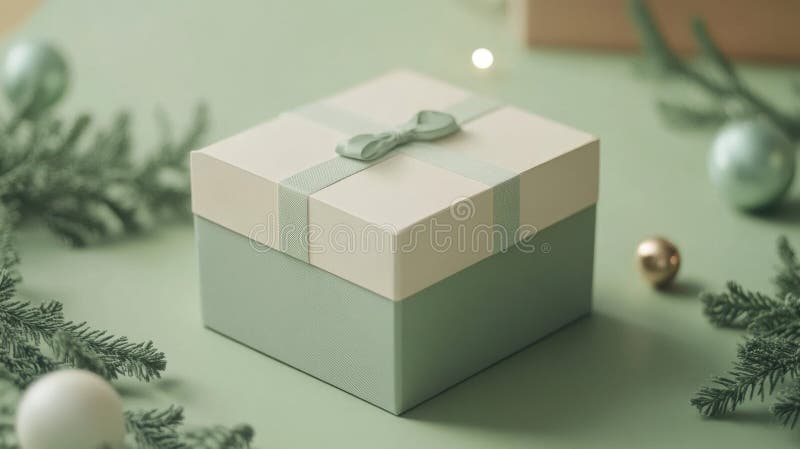 Mint Green Gift Box with Silver Ribbon on Green Background Stock ...
