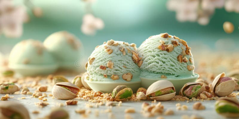 Mint Ice Cream Served with Crushed Pistachios on a Light Background ...