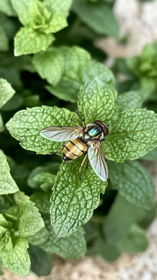 With a Mint Leaf S Vibrant Green Texture As a Backdrop, a Fly Perches ...