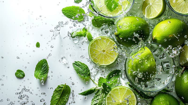 Mint Leaves, Lime Slices, and Splashes Stock Image - Image of floating ...