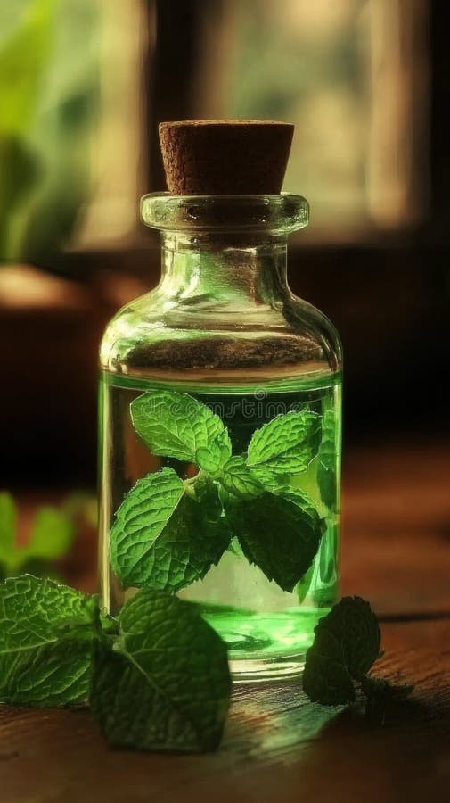 Mint Leaves Submerged in a Glass Bottle with Cork in a Rustic Setting ...