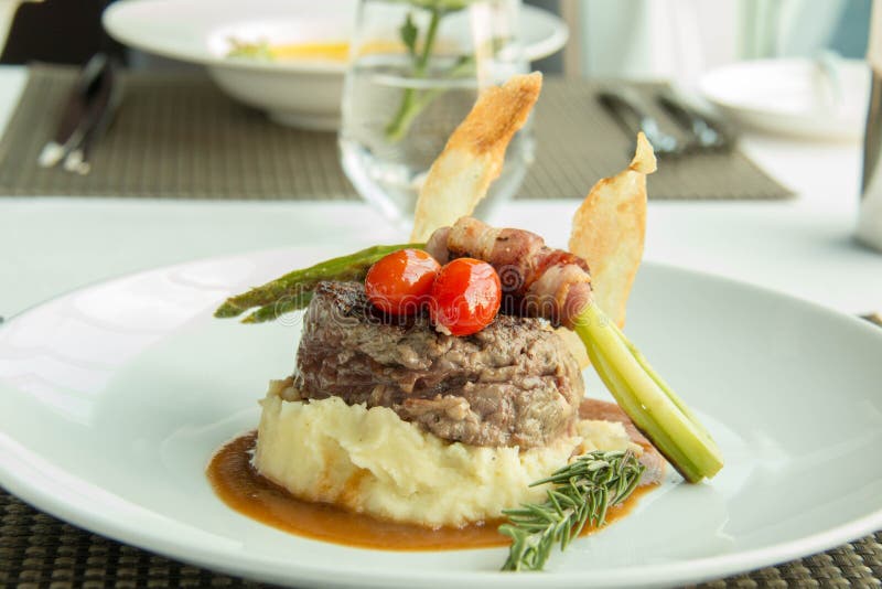Mint Meat Steak and Mash Potato Stock Photo - Image of lunch, closeup ...