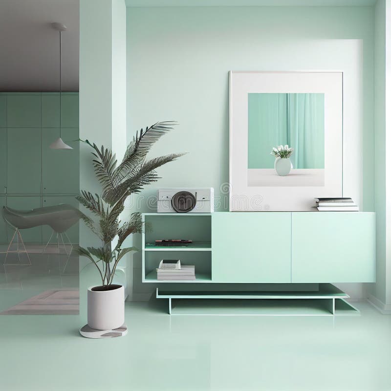 Mint Minimalist Interior Design. Generative AI Stock Illustration ...