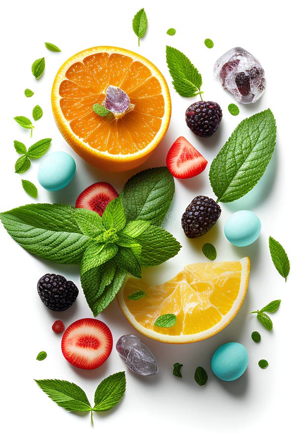 Mint, Orange, Raspberry, Blackberry, Candies, Mint Leaves on White ...
