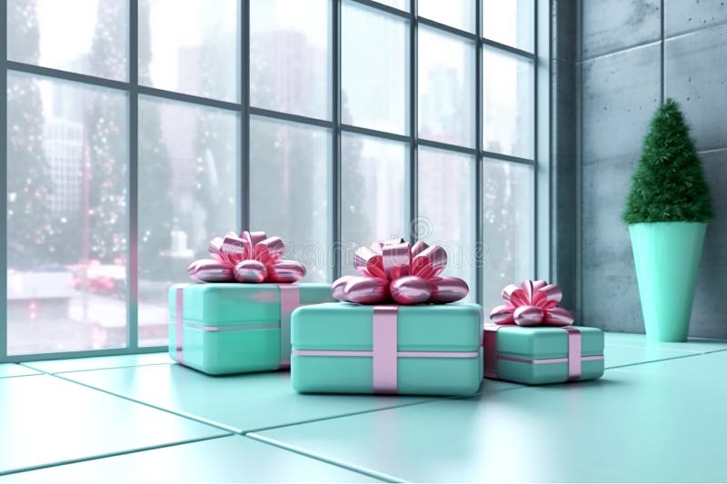 Mint Plastic Gift Boxes with Pink Bows in Interior. Generative AI Stock ...