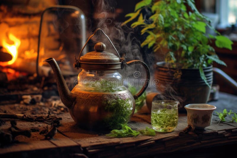 Mint Tea Brewing in a Rustic Teapot by the Fire Stock Illustration ...
