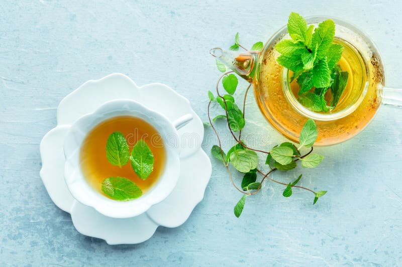 Mint Tea. a Cup of Peppermint Tea with Fresh Mint Leaves and a Tea Pot ...