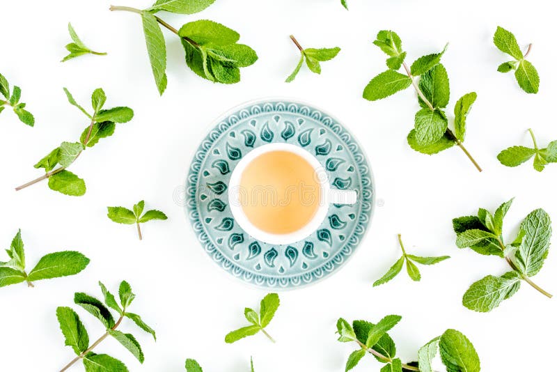Mint Tea with Frame Made of Mint Leaves Isolated on White Background ...