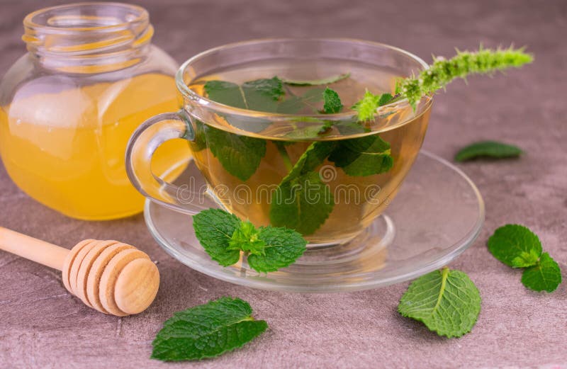 Mint Tea with Honey in a Transparent Cup. Close-up. Stock Photo - Image ...
