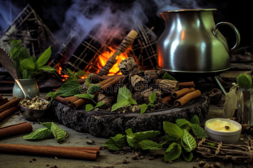 Mint Tea Ingredients Arranged Around a Campfire Setting Stock ...
