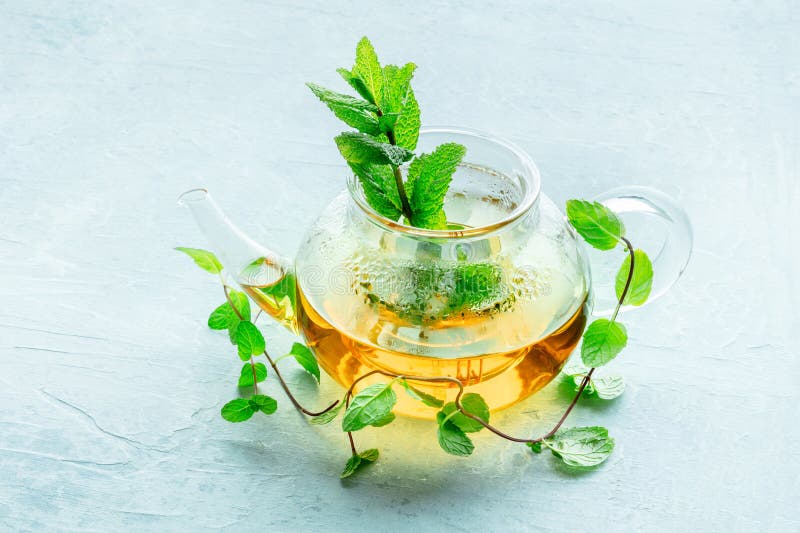 Mint Tea. a Tea Pot with Fresh Peppermint Leaves Steeping in Hot Water ...