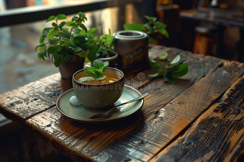 Mint Tea on Wooden Table in Cafe Stock Illustration - Illustration of ...