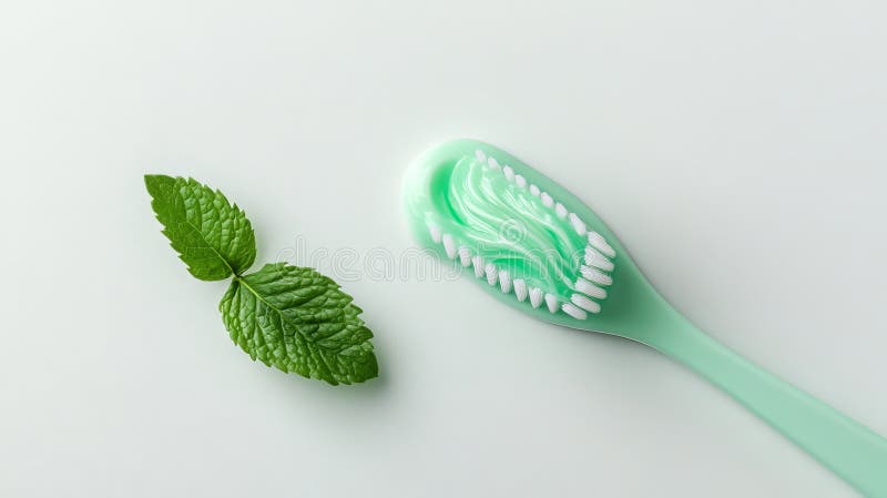 Mint Toothbrush with Fresh Toothpaste and Leaf on White Stock ...