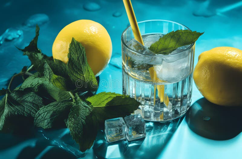 Minty Lemon Elixir on Blue Paper, Vivid Refreshment Stock Illustration ...