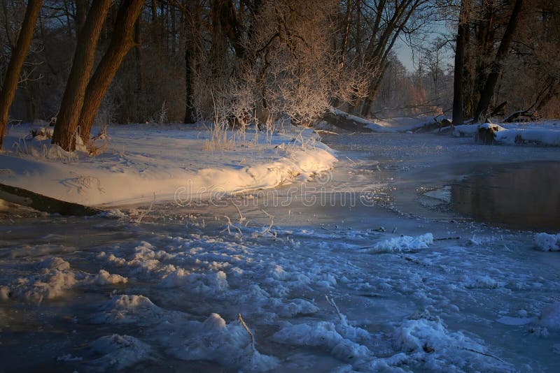 Morning on the ice river stock image. Image of trees - 171583453