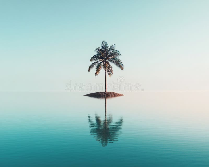 On a Minuscule, Serene Isle in a Still Ocean, a Single Palm Tree is Reflected in the Transparent ...