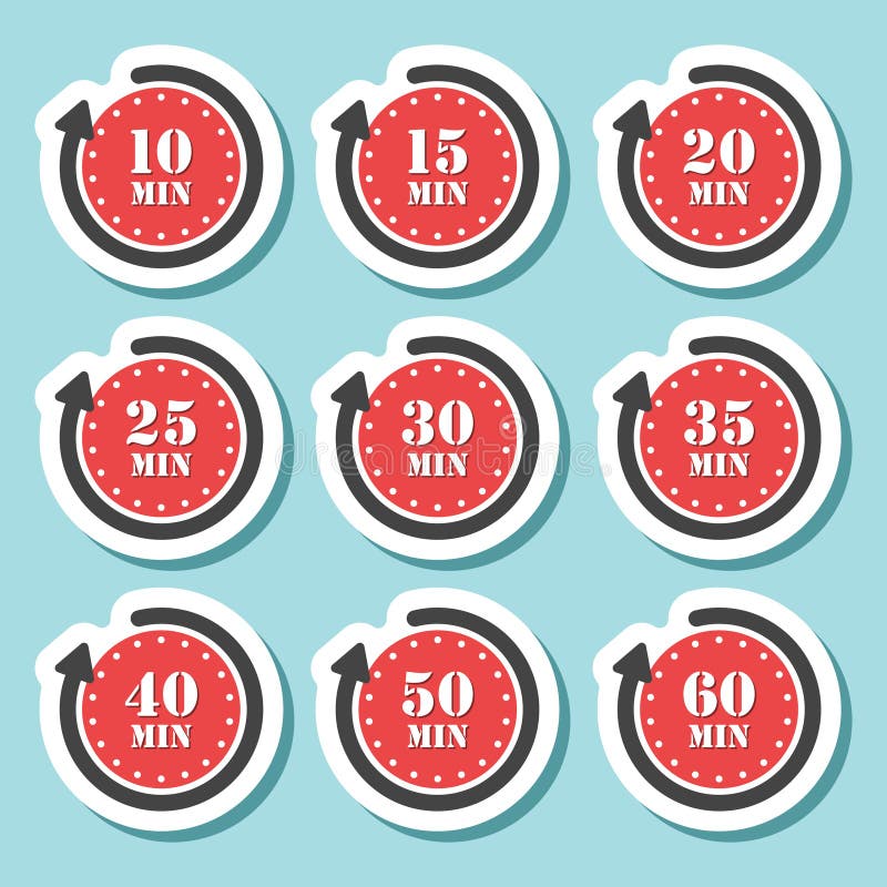 From 10 Minutes To 60 Minutes on Stopwatch Sticker Icon in Flat Style ...