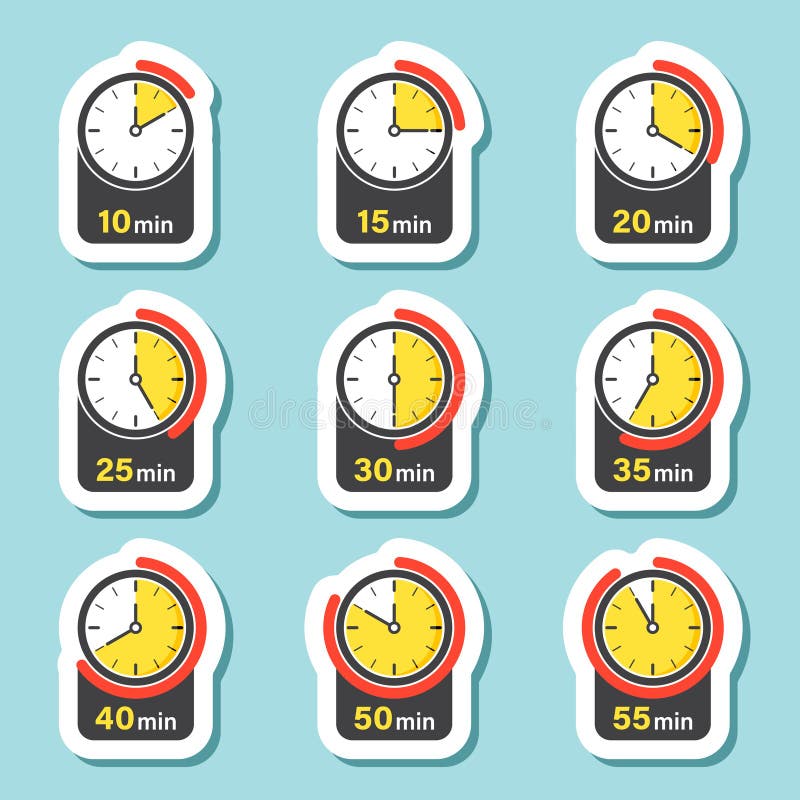 From 10 Minutes To 55 Minutes on Stopwatch Sticker Icon in Flat Style ...