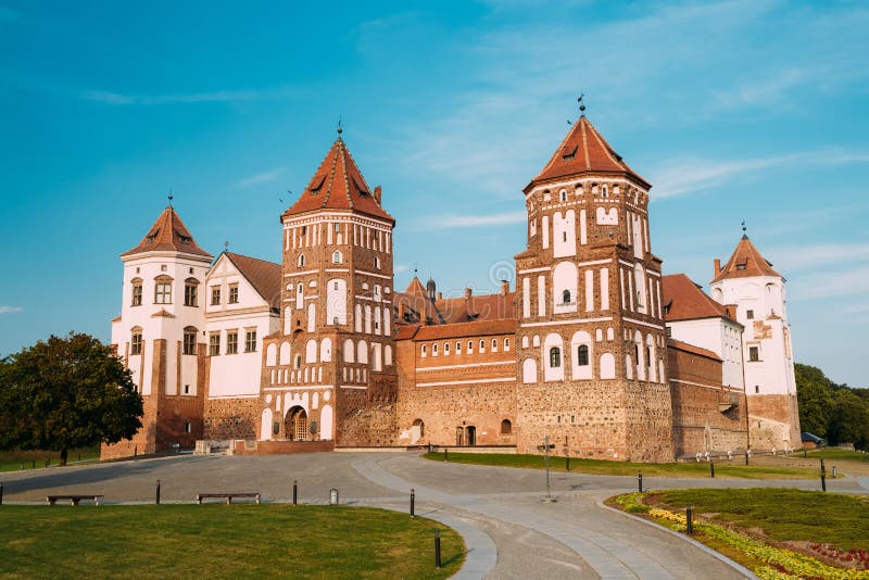 Mir, Belarus. Mir Castle Complex on Blue Sunny Sunset Sky Backgr Stock ...