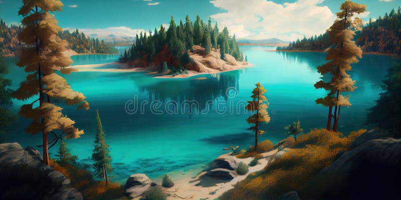 Mirage Coastline Landscape with Coniferous Trees, Turquoise Waters, and ...