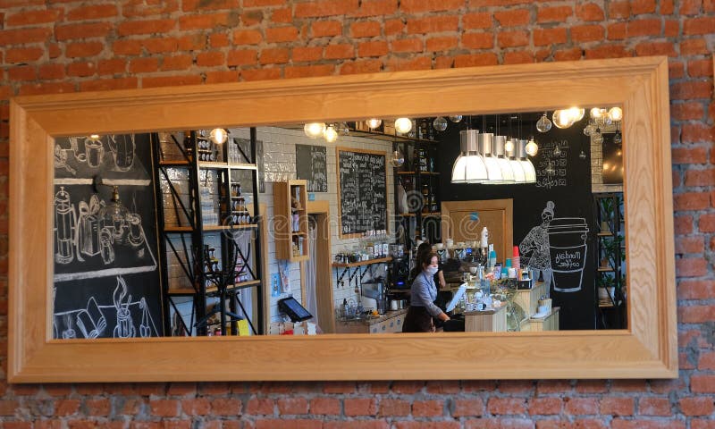 Samara, Russia, Cafe Interior Reflected in the Mirror Editorial Photo ...