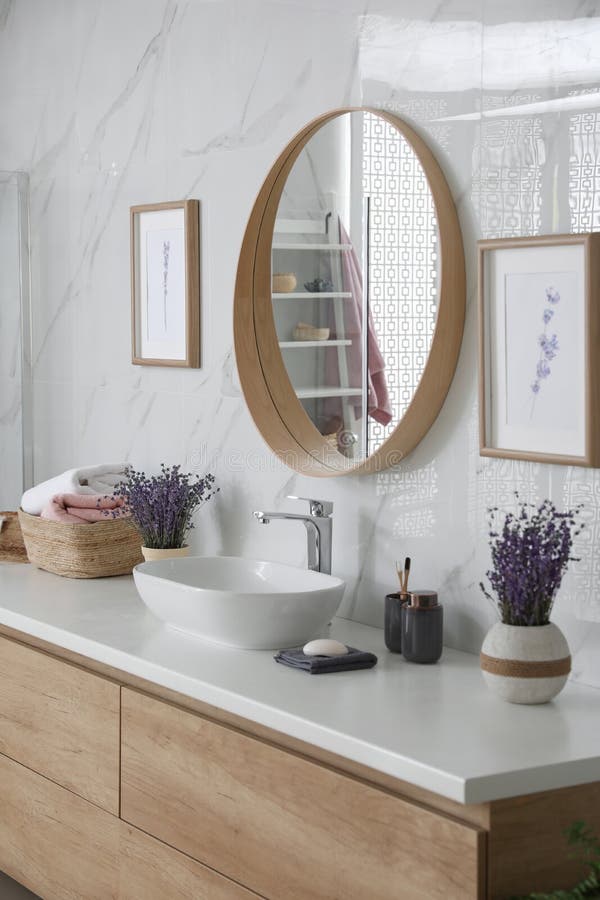Mirror and Counter with Vessel Sink in Stylish Bathroom Interior. Idea ...
