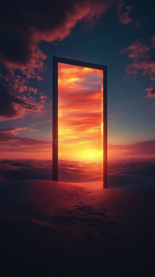 Mirror in Desert Sunset, Surreal Landscape Scene. Dreamlike Reflection ...